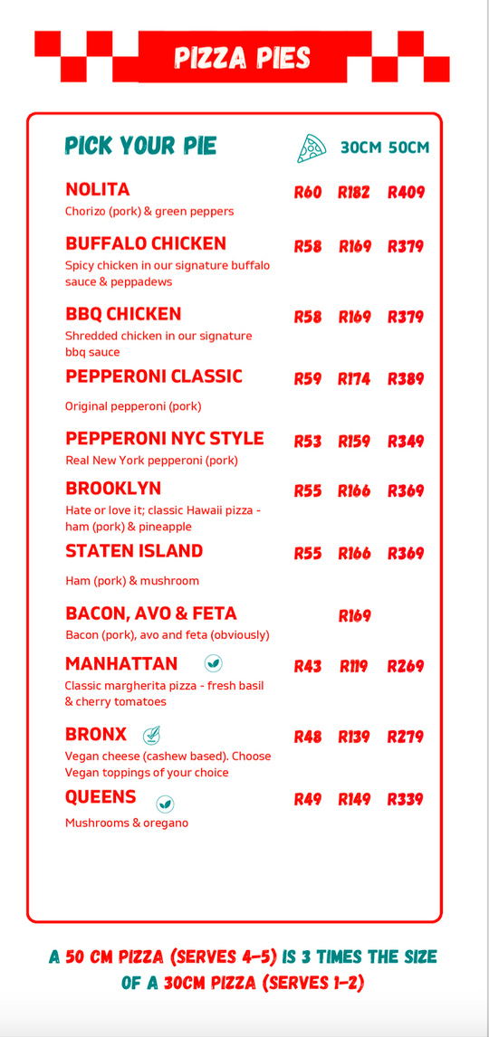 Pizza Menu & Prices | NY Slice Pizza Cape Town